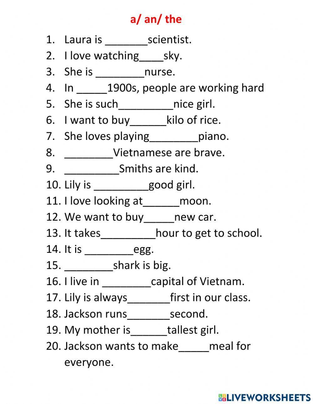 A an the | Free Interactive Worksheets | 1417311