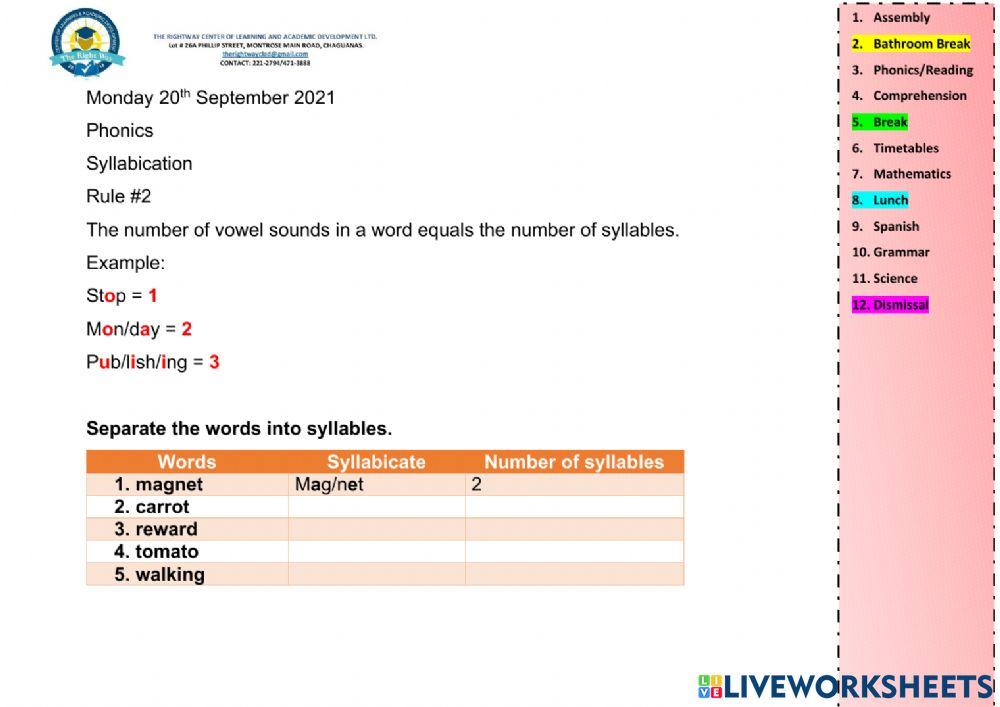 Syllabication r… | Free Interactive Worksheets | 1417370