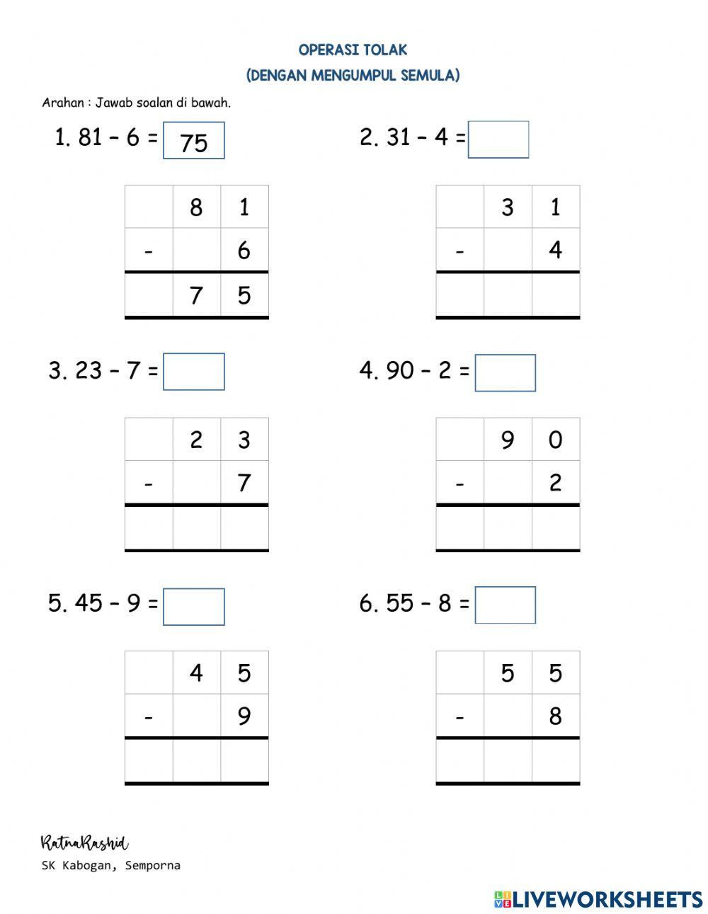 Operasi tolak online exercise for 3 | Live Worksheets