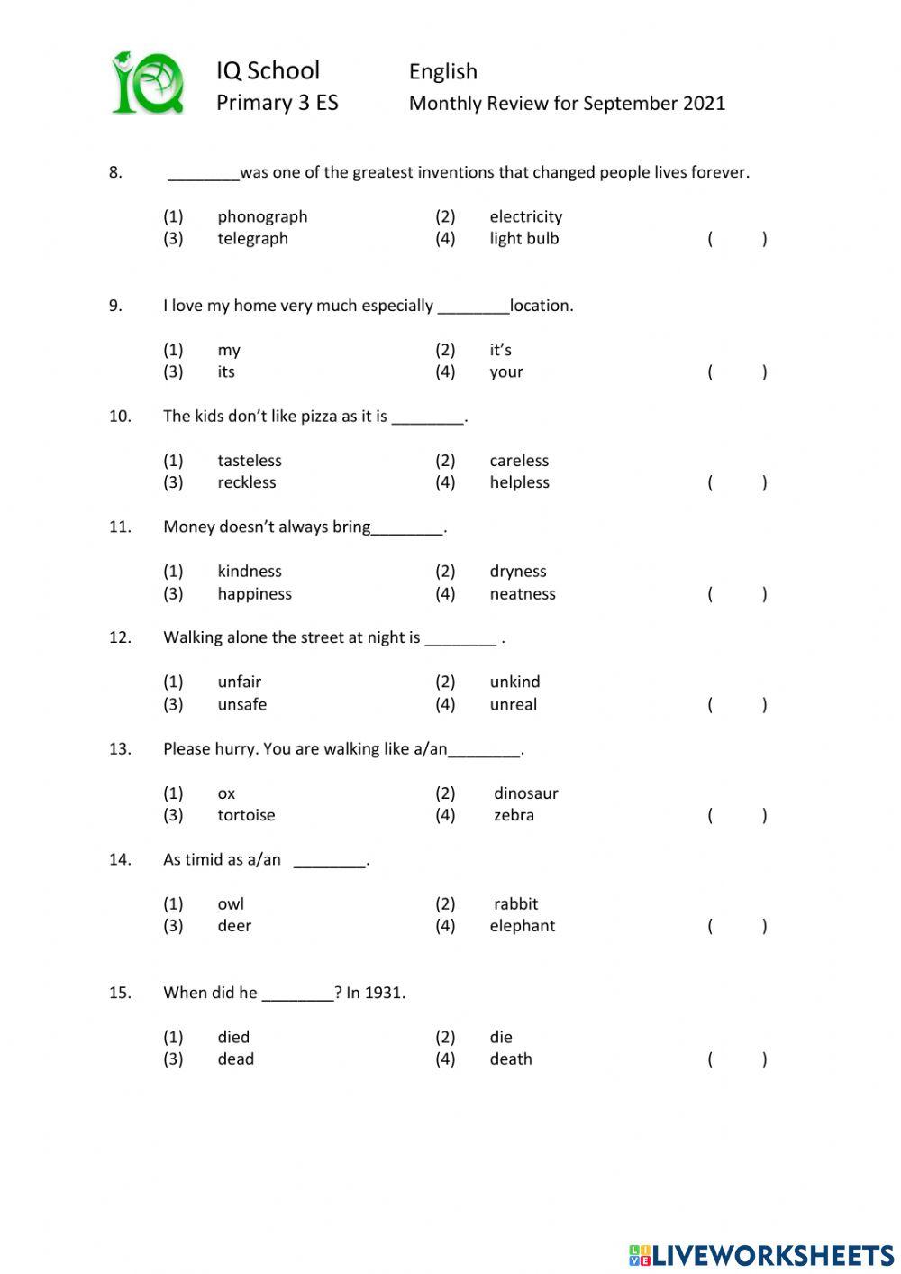 Monthly Review 1417961 | Chloe040921 | Live Worksheets