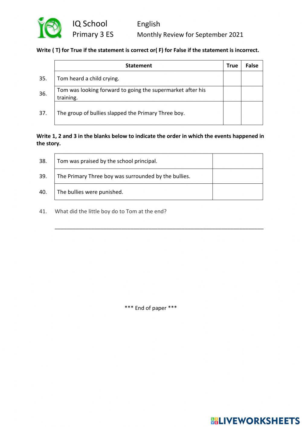 Monthly Review worksheet | Live Worksheets