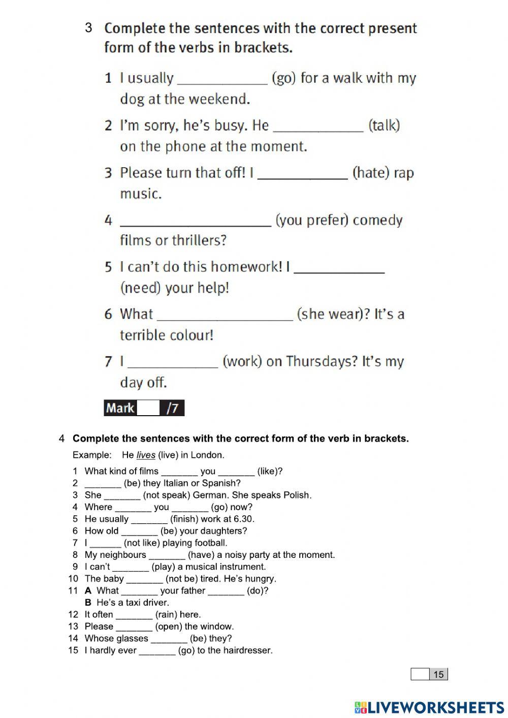 Present tenses interactive exercise for 1 | Live Worksheets
