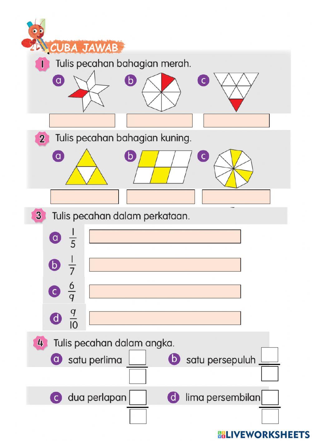 Latihan Kenali & Tulis Pecahan worksheet | Live Worksheets