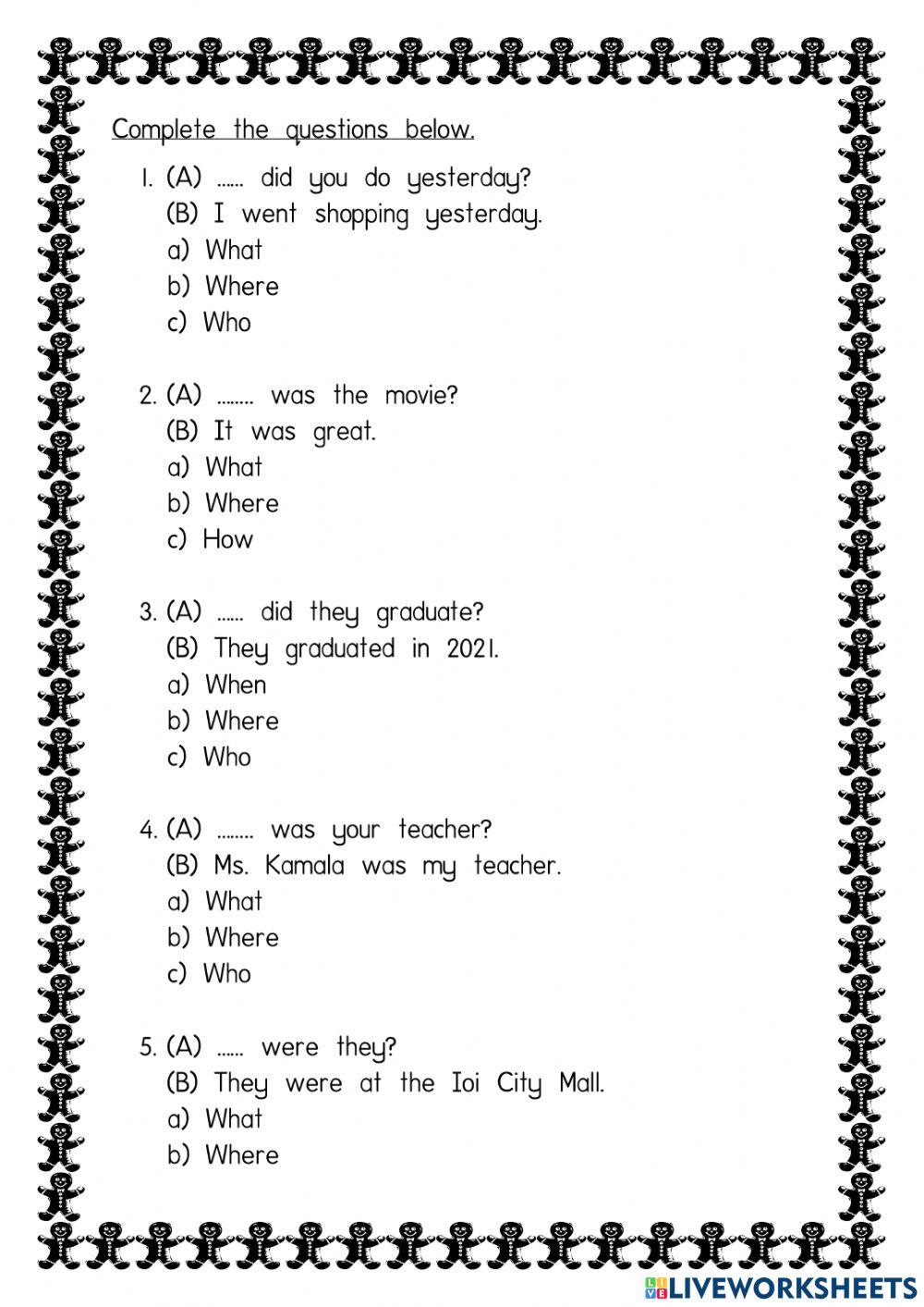 Simple past question interactive worksheet | Live Worksheets