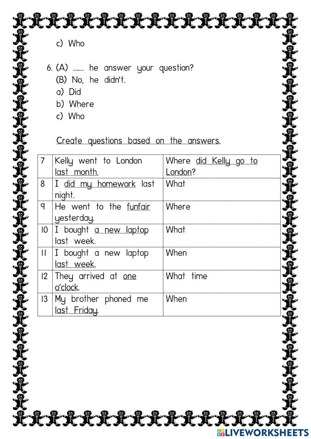 Simple past question interactive worksheet | Live Worksheets