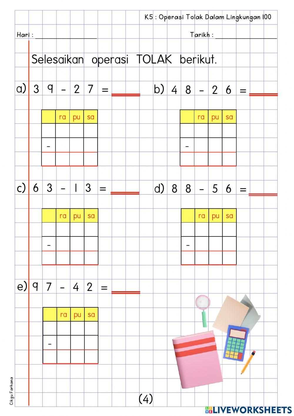 Operasi tolak lingkungan 100 BAHAGIAN 04 worksheet | Live Worksheets