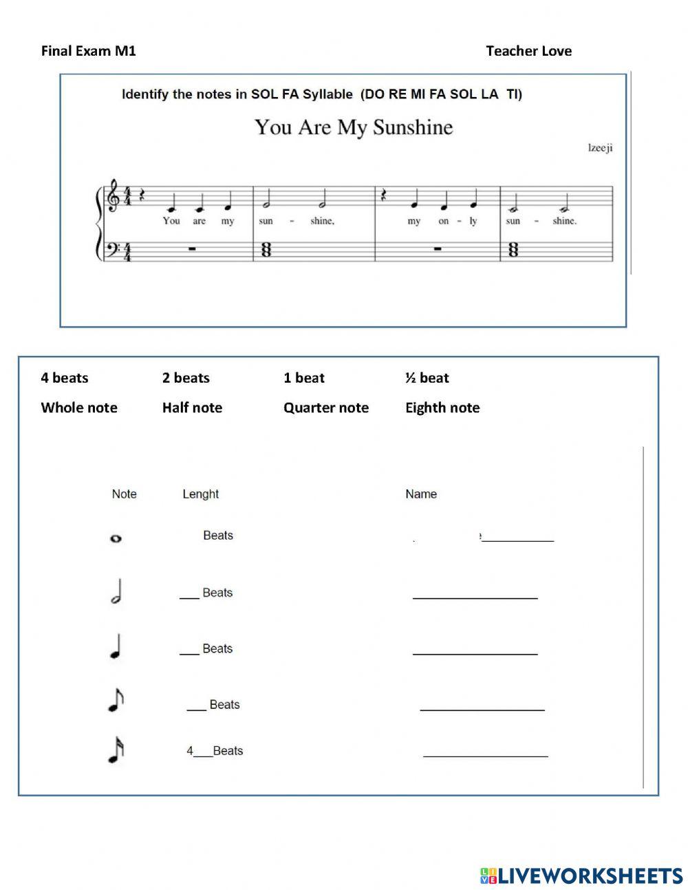 Music Test M1 by Teacher Love interactive worksheet | Live Worksheets