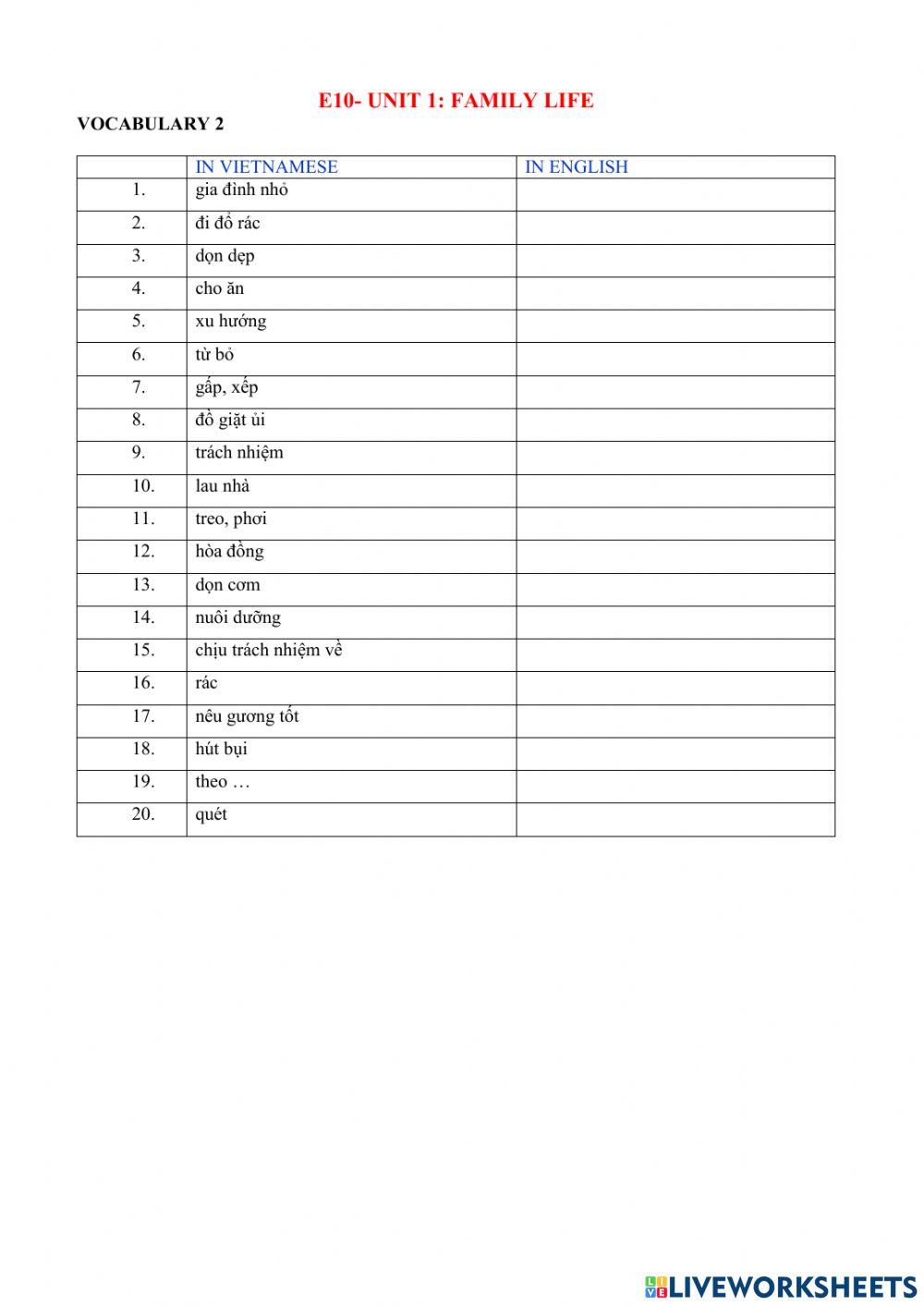 E10- unit 1- VOCAB 2 worksheet | Live Worksheets