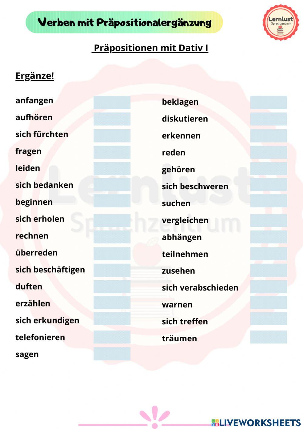 Verben mit Präpositionen - B1 - Dativ I worksheet | Live Worksheets