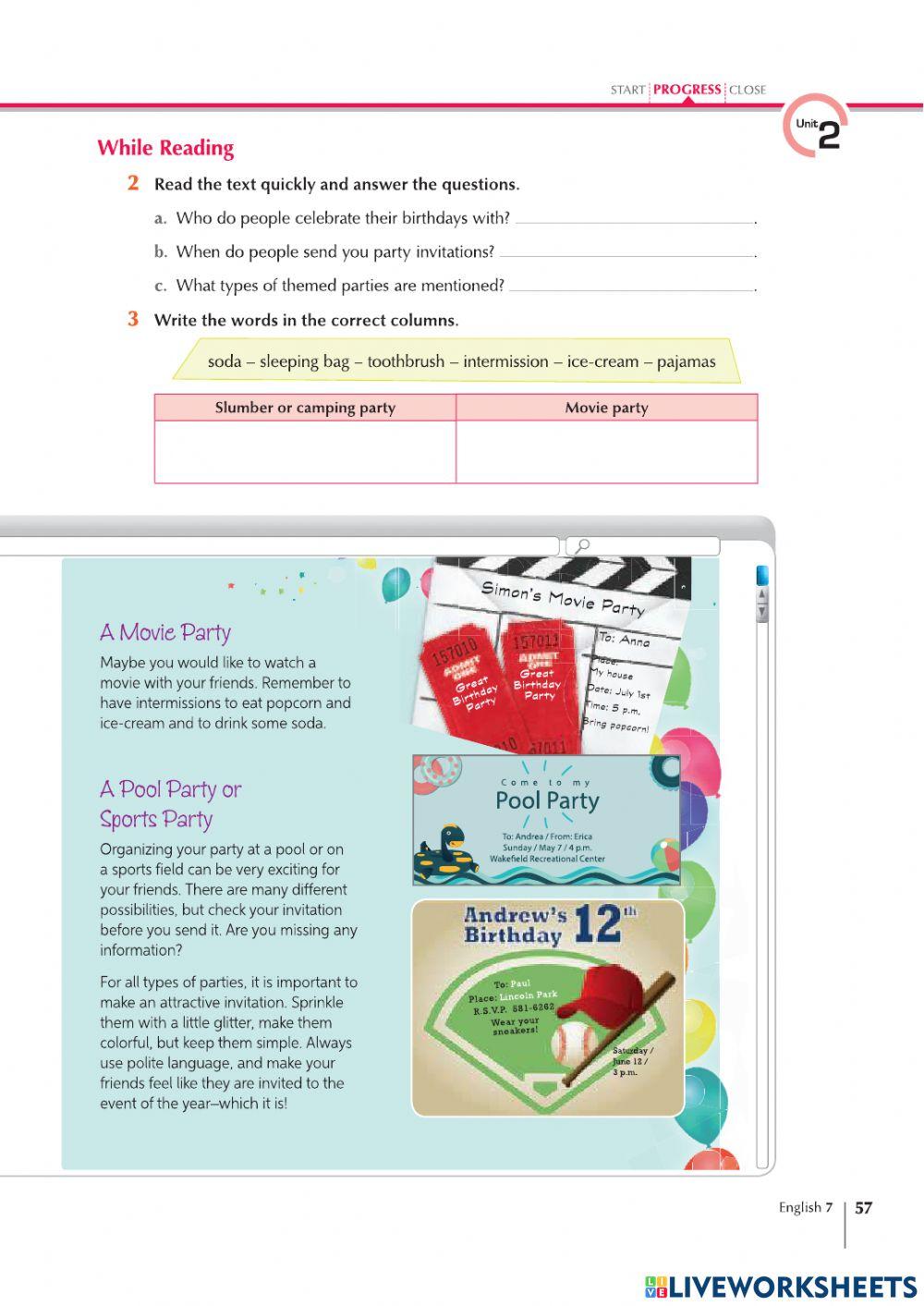 Parties | Free Interactive Worksheets | 1419879