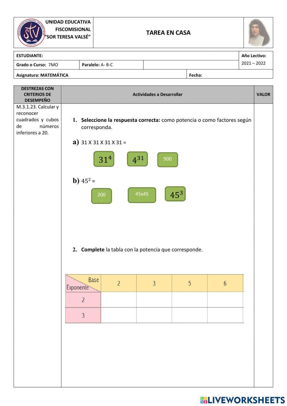 cubo cuadrado worksheet | Live Worksheets