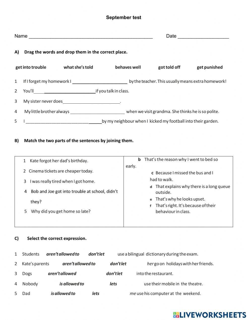 September Test worksheet | Live Worksheets