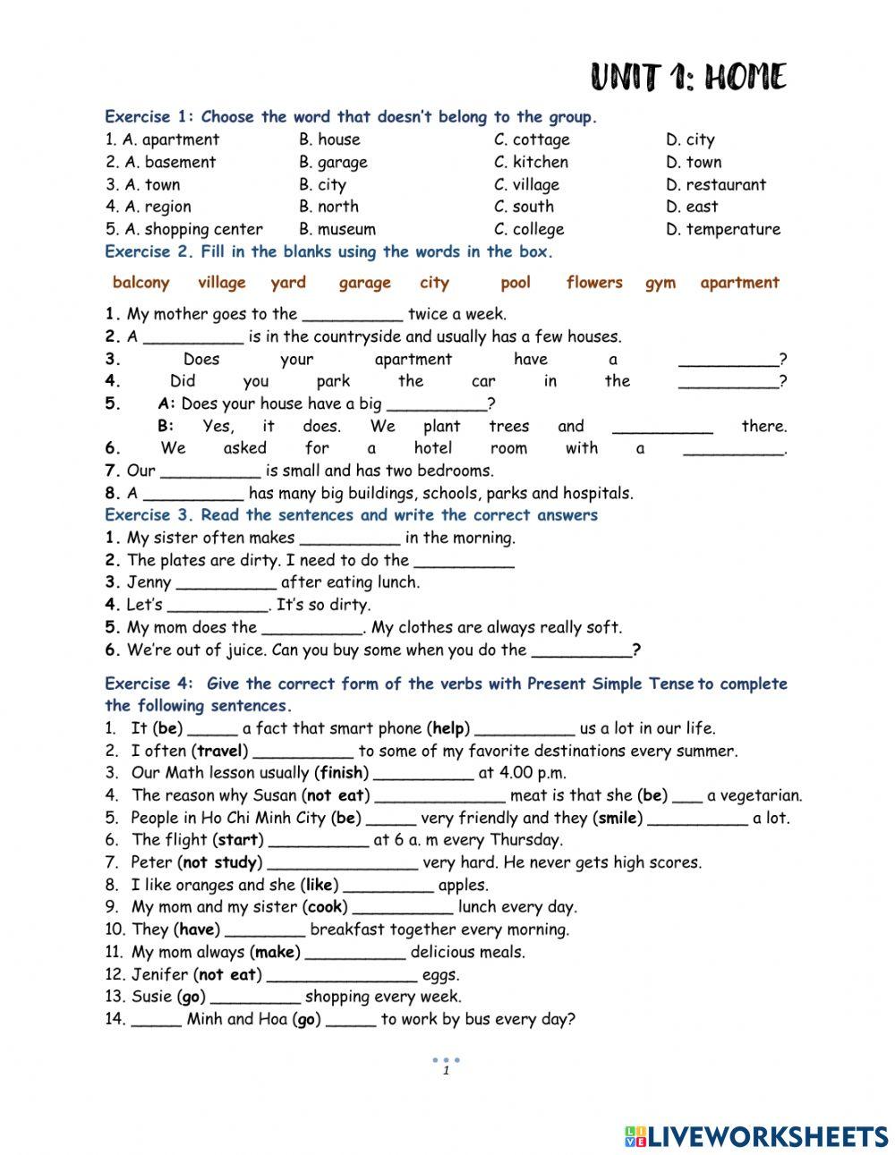Unit 1: Home | Free Interactive Worksheets | 1421196