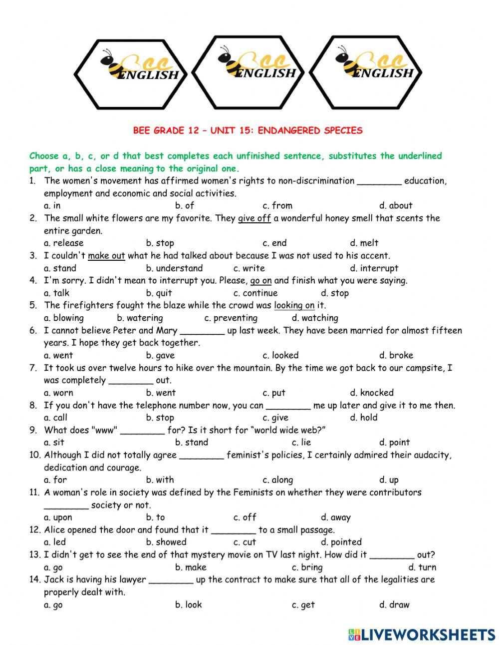 Bee English Grade 12 online pdf exercise | Live Worksheets