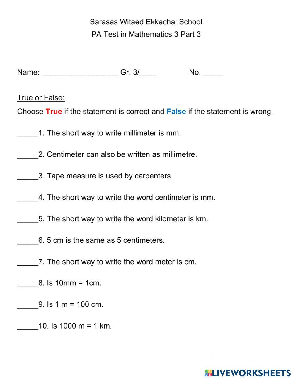 Measurements online pdf worksheet | Live Worksheets