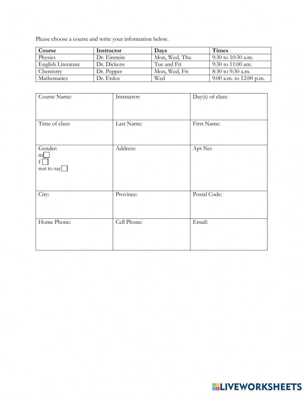 Register for a Course worksheet | Live Worksheets
