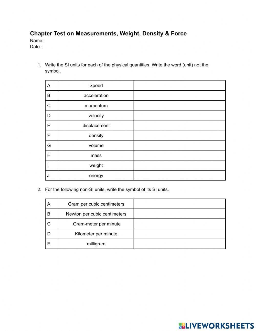 Test on Measurements, Weight, Density and Forces 1421724