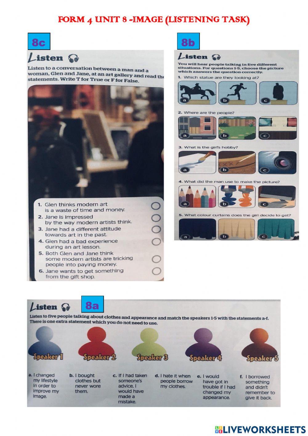 Form 4 Unit 8 Listening (p115,120,121) worksheet | Live Worksheets