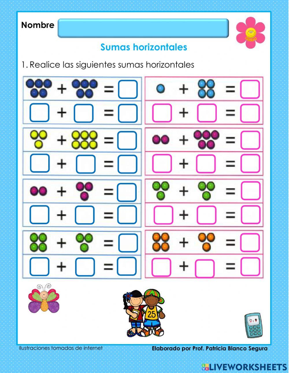 Sumas horizontales interactive activity | Live Worksheets
