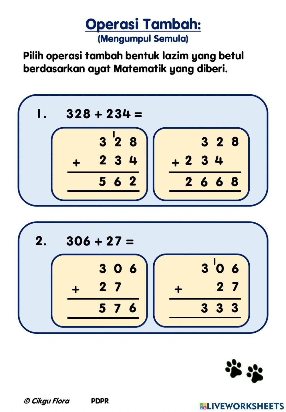 Operasi Tambah dan Tolak Mengumpul Semula interactive worksheet | Live ...
