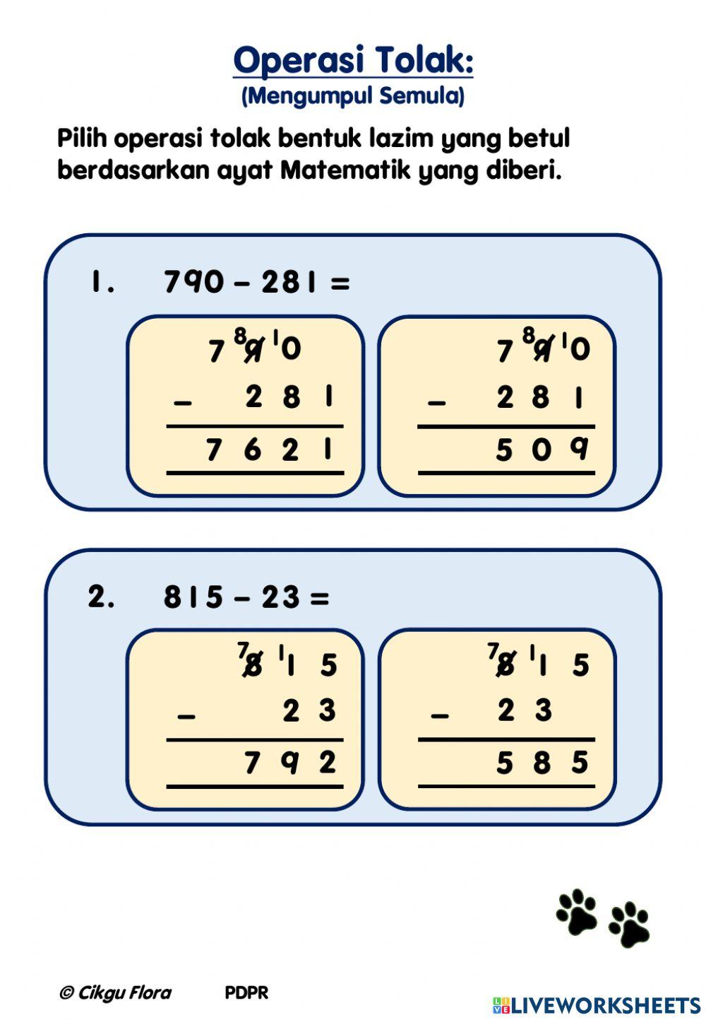 Operasi Tambah dan Tolak Mengumpul Semula interactive worksheet | Live ...