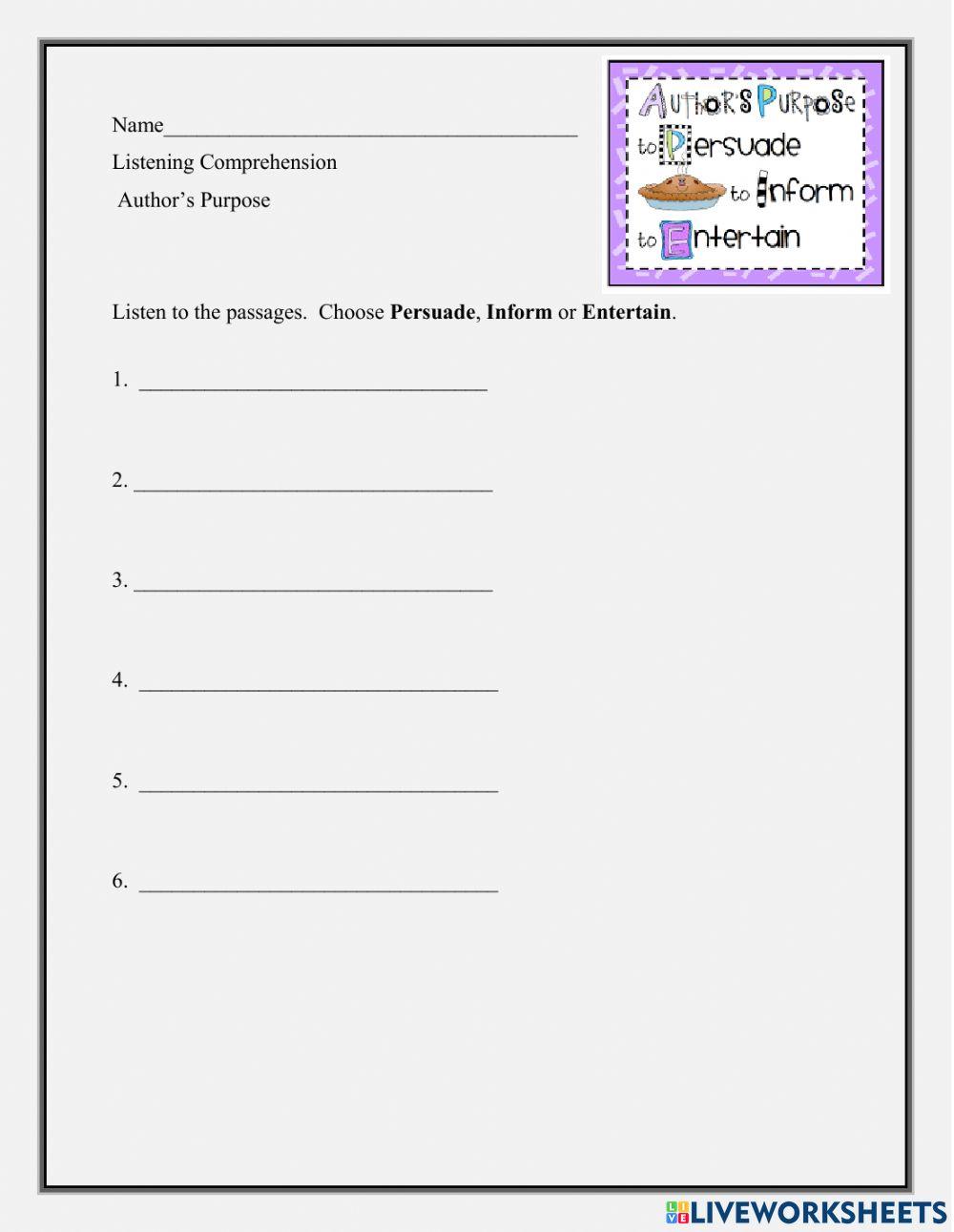 1423217 | Author's Purpose | LPascal | LiveWorksheets
