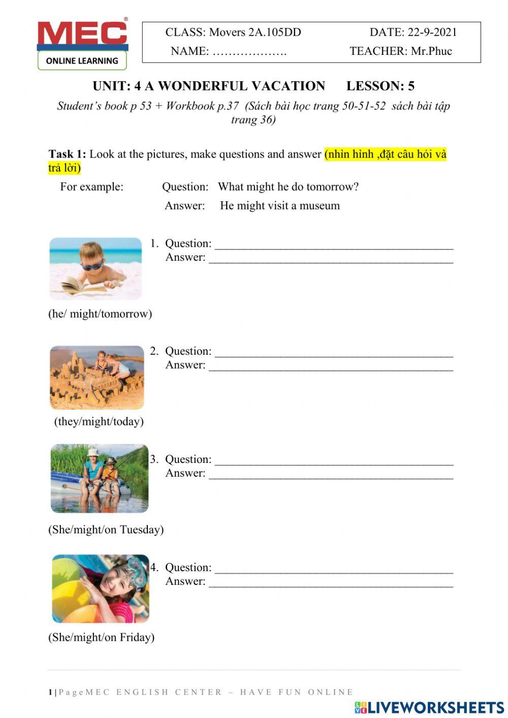 Wonderful vacation | Live Worksheets