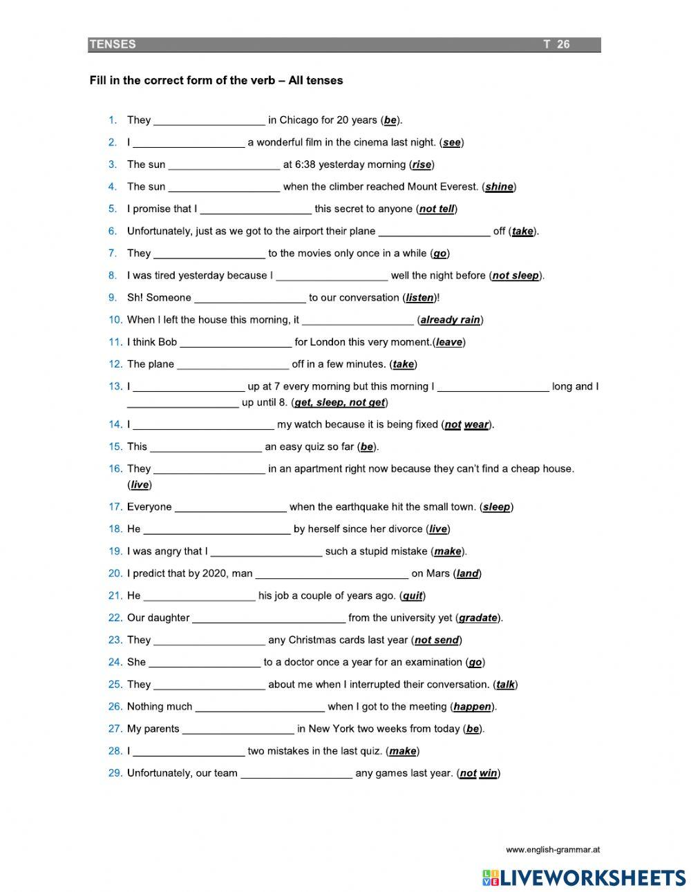 Tenses Worksheet 20 Sentences Of Mixed Tenses English Grammar Tenses ...