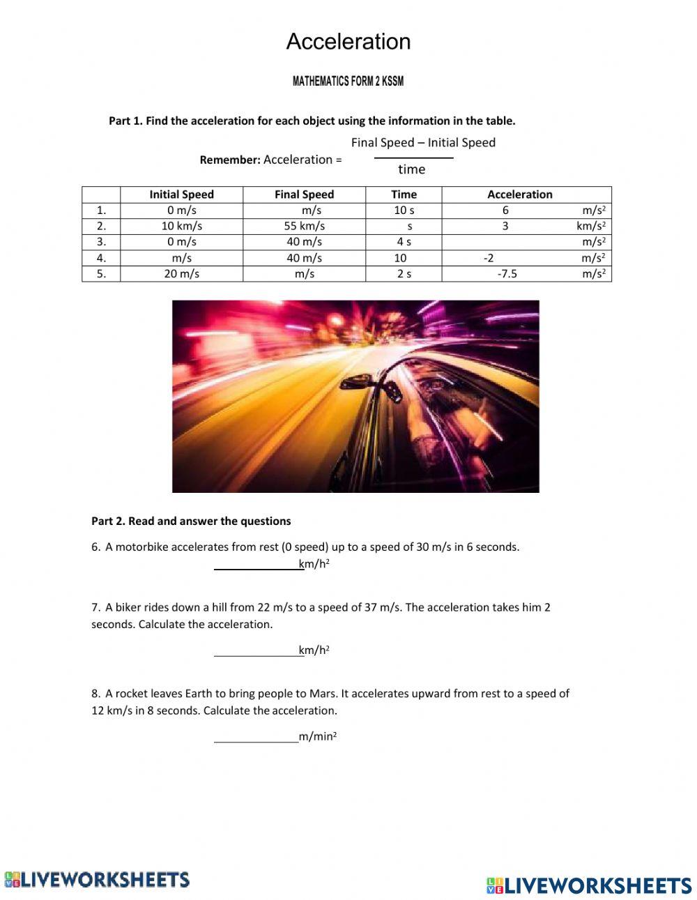 Acceleration | Free Interactive Worksheets | 5173738
