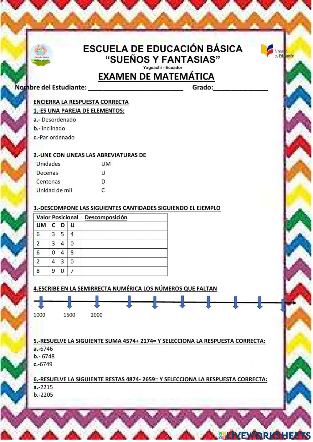 Examen de Matemática free online activity | Live Worksheets
