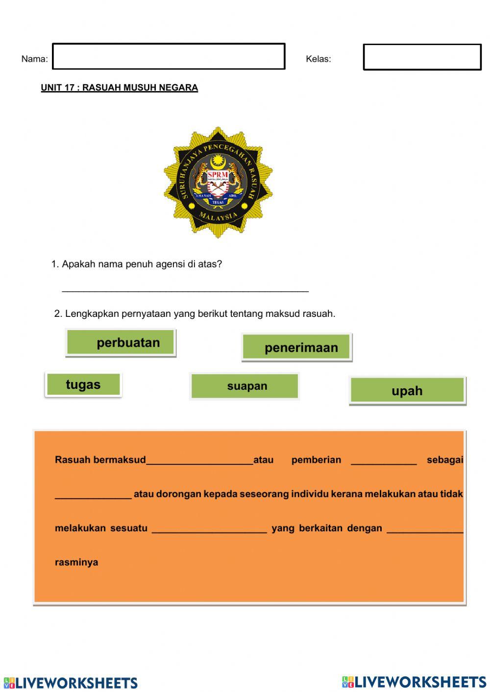 Rasuah Musuh Negara interactive worksheet | Live Worksheets