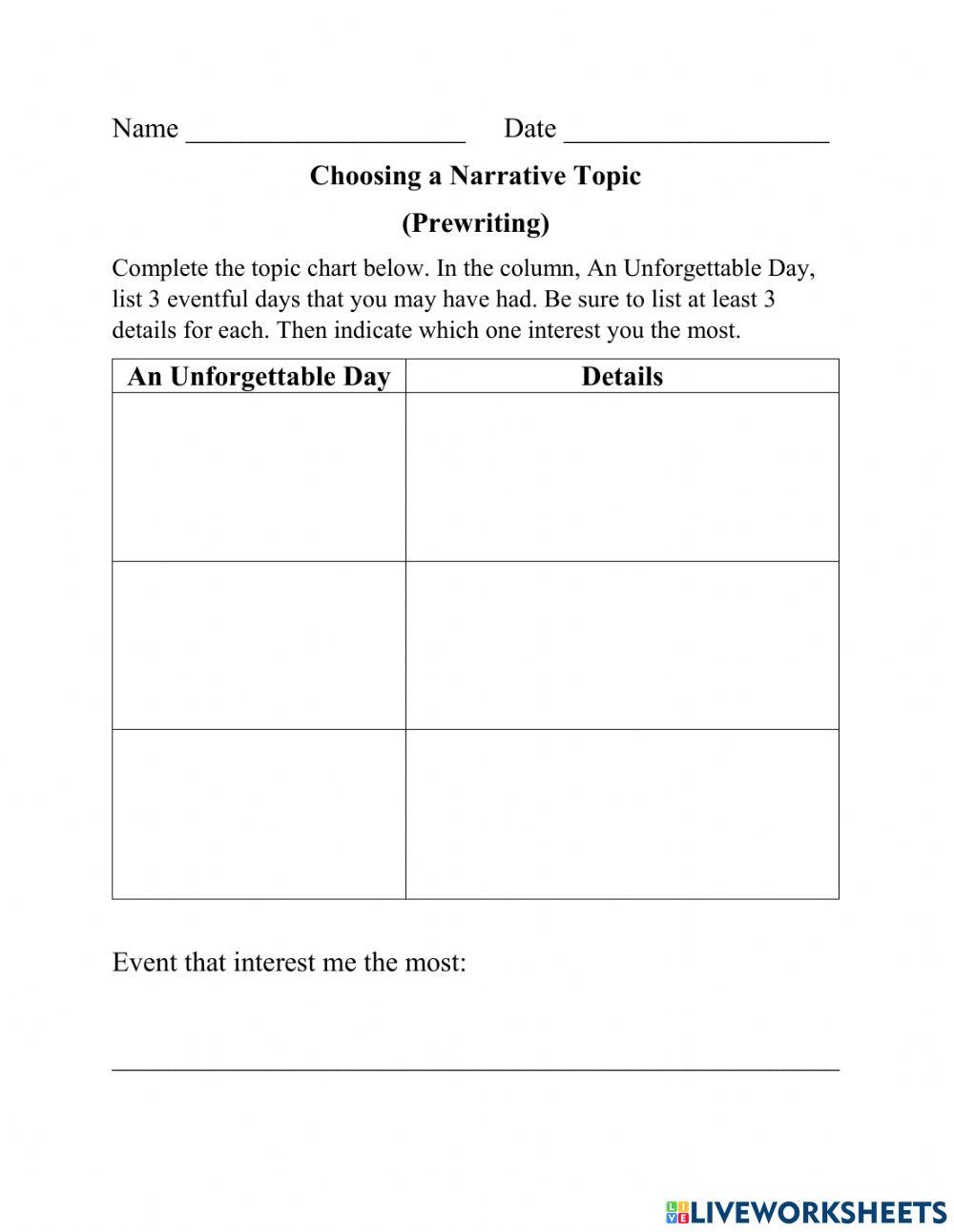 Choosing a Narrative Topic interactive worksheet | Live Worksheets