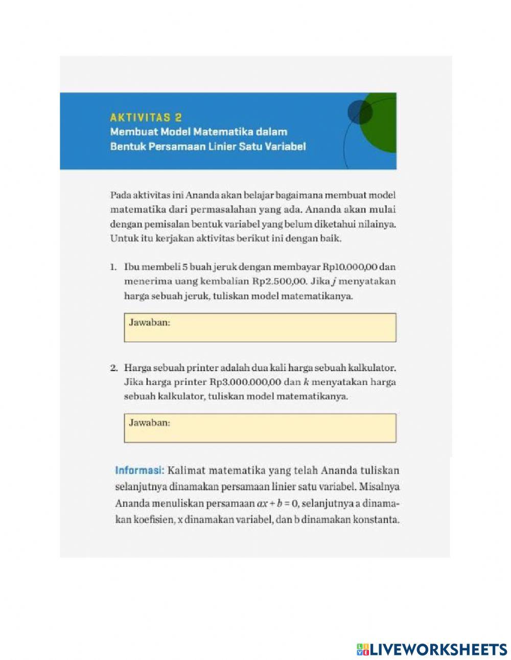 Model Matematika PLSV worksheet | Live Worksheets