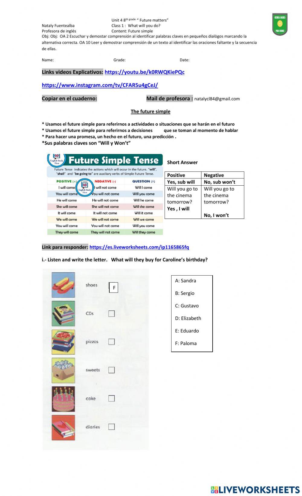 Class 1 unit 4 8th grade worksheet | Live Worksheets