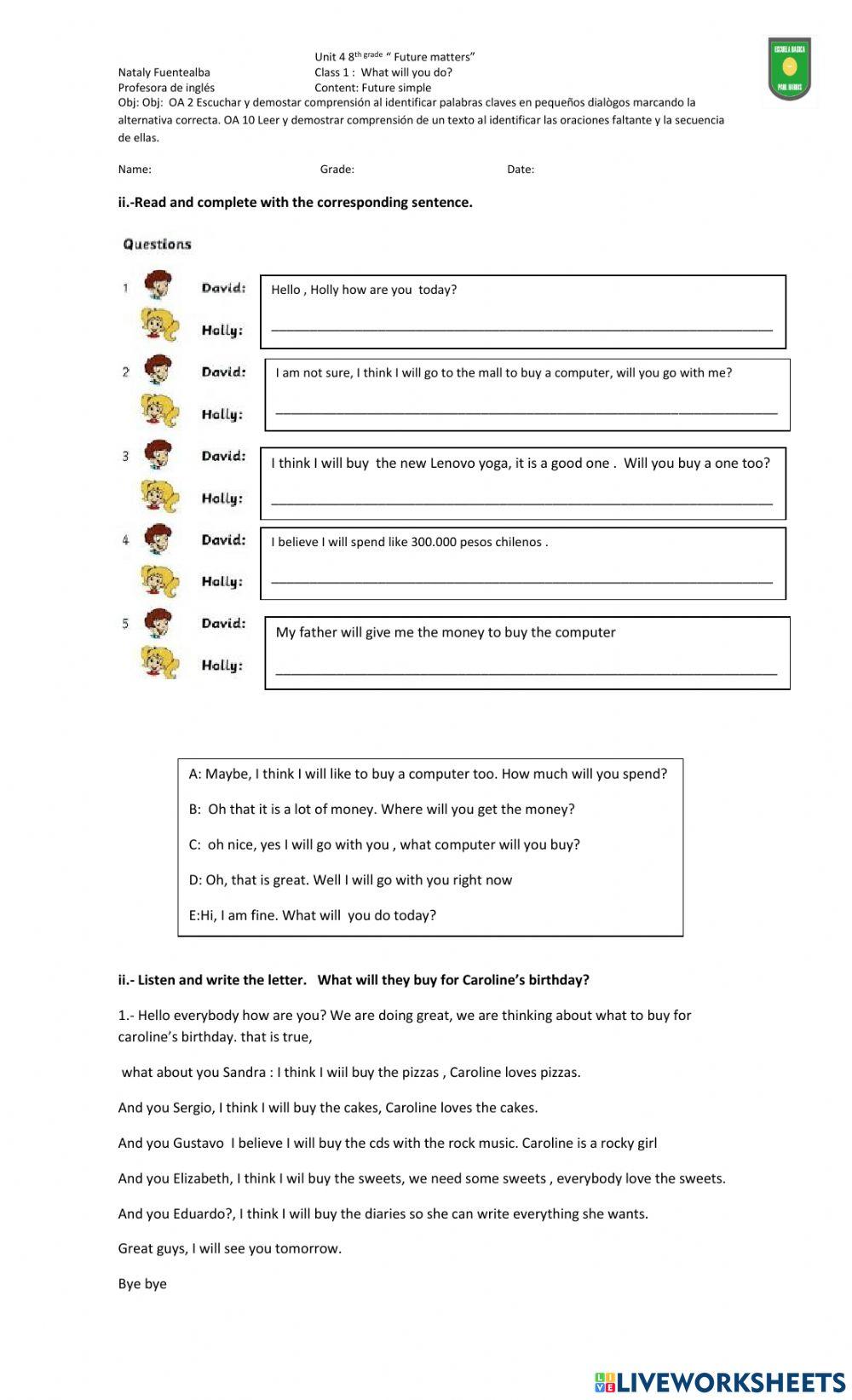 Class 1 unit 4 8th grade worksheet | Live Worksheets