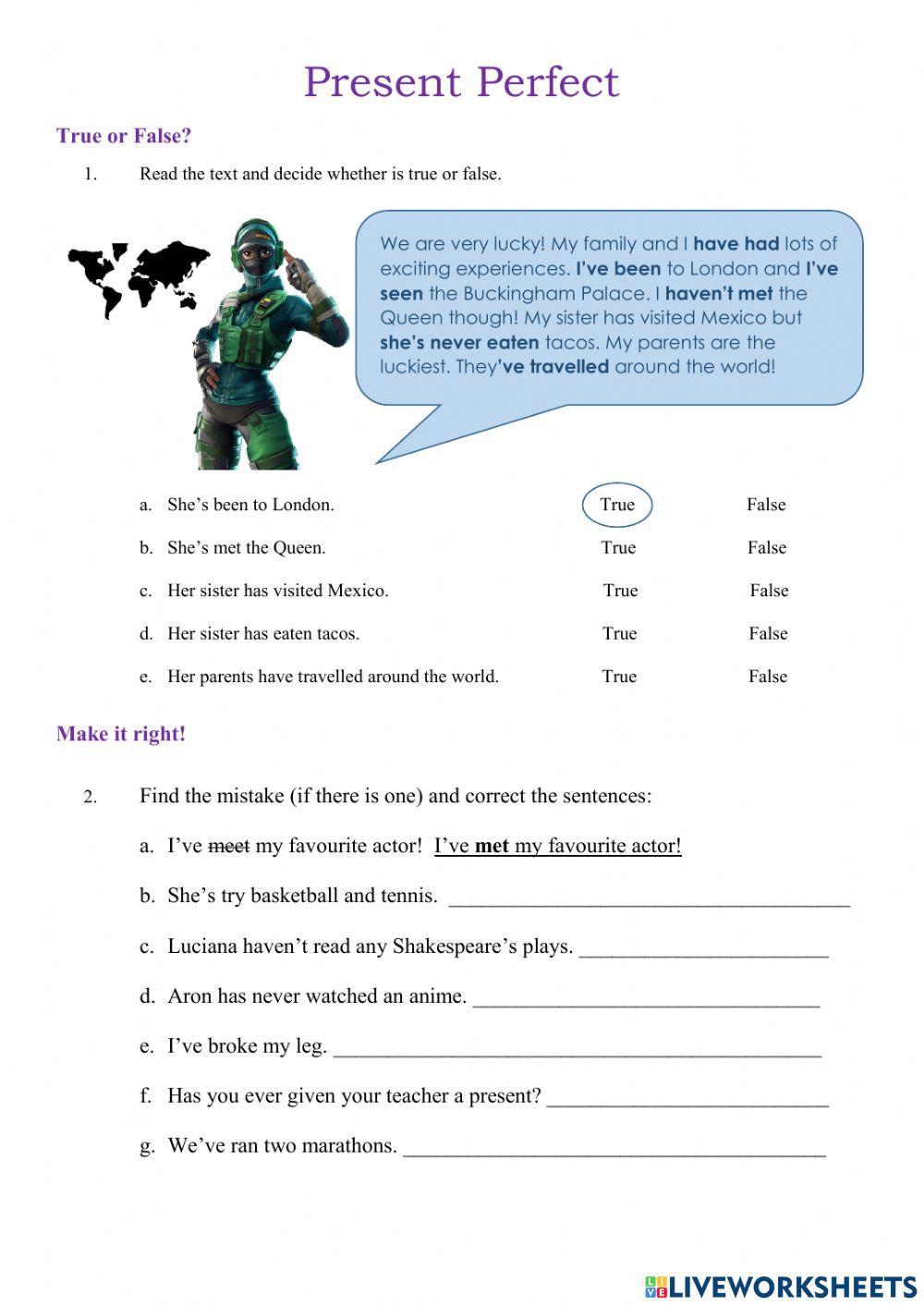 Present Perfect | Free Interactive Worksheets | 1425584