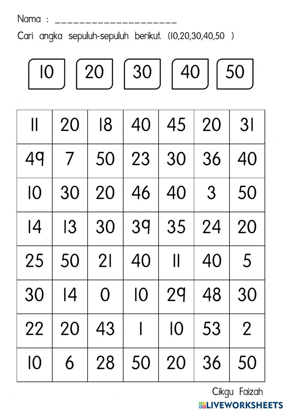 1425683 | Latihan sepuluh sepuluh prasekolah | Nur Faizah