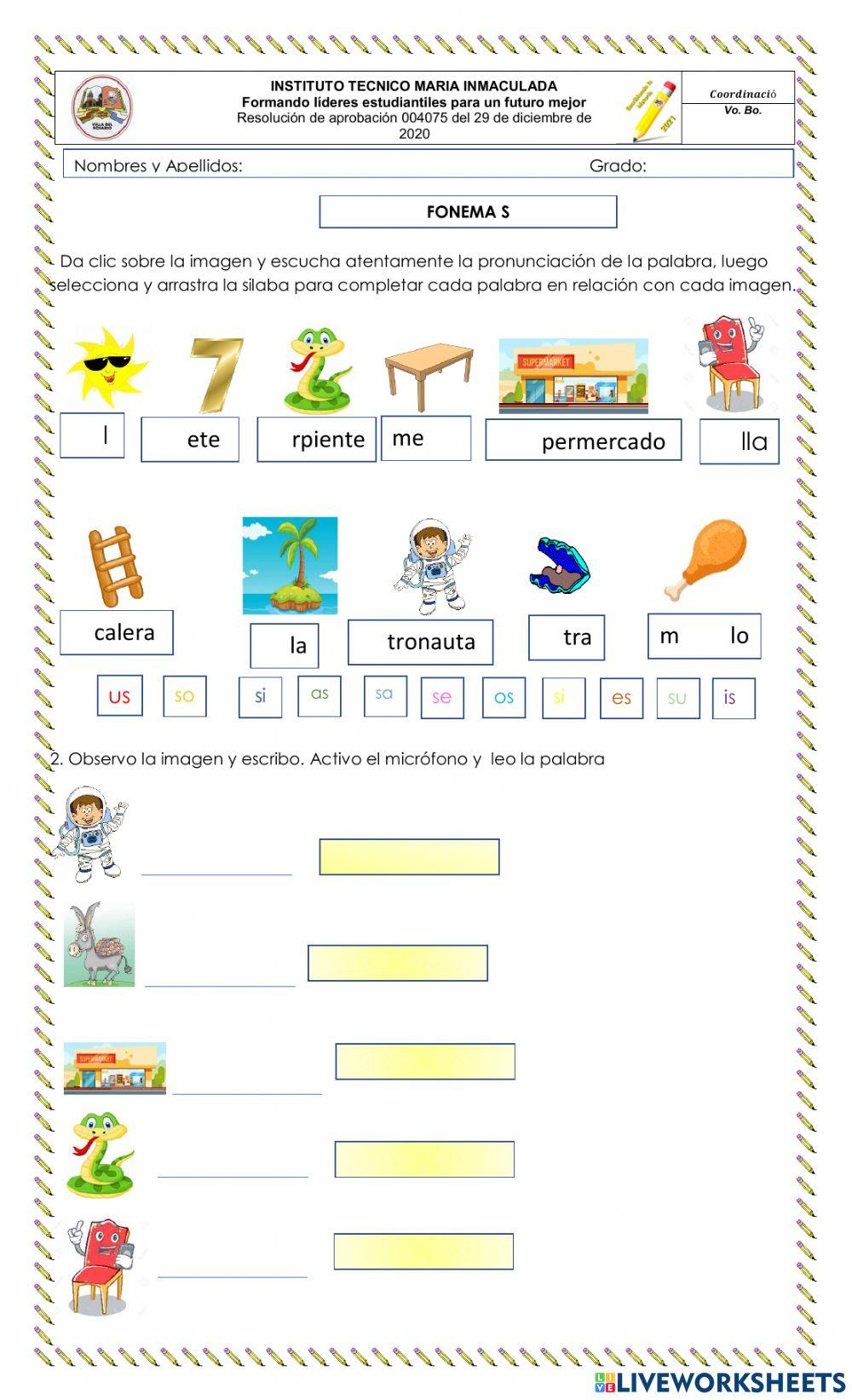 Fonema, Actividad 1 worksheet | Live Worksheets