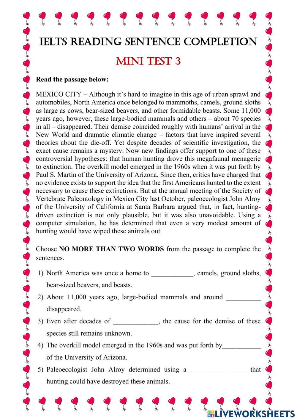 Sentence Completion online exercise | Live Worksheets