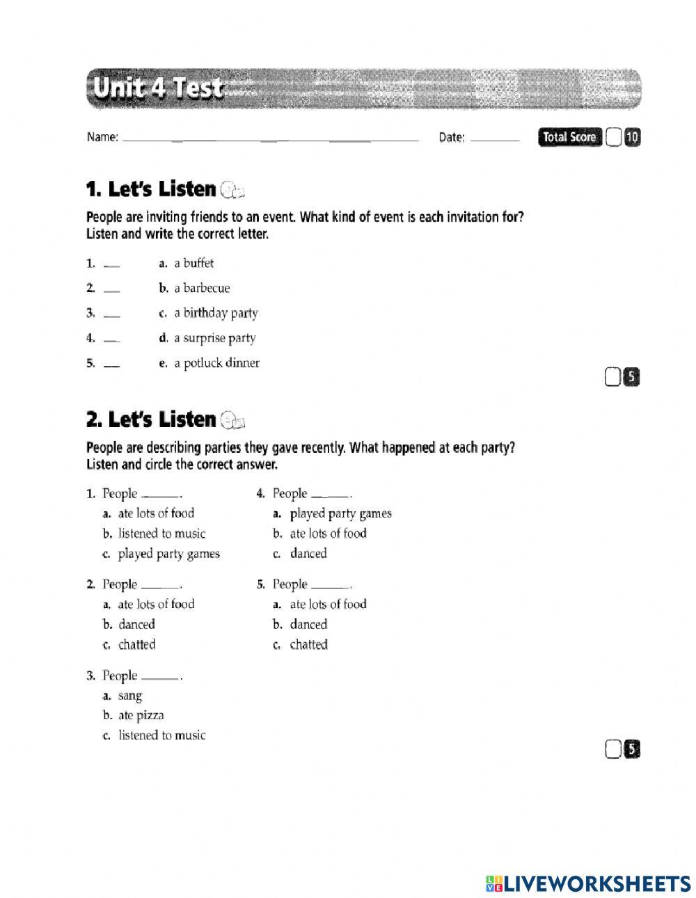 Test 4 about celebration worksheet | Live Worksheets