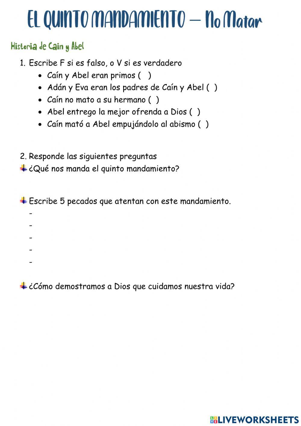 FICHA - QUINTO MANDAMIENTO online exercise for | Live Worksheets