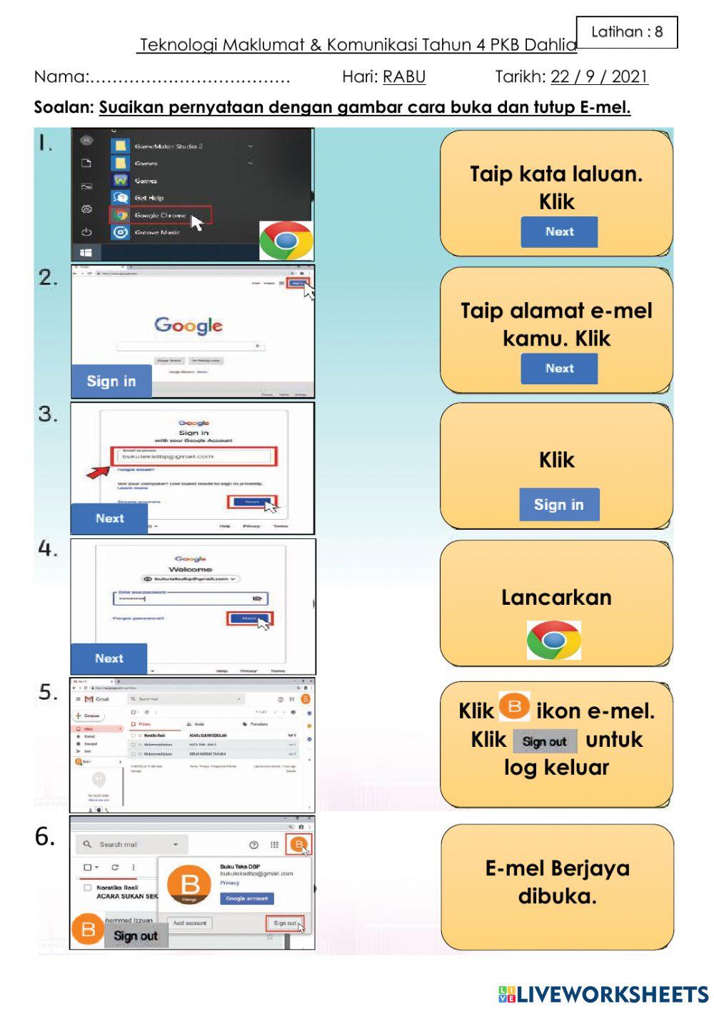 Cara buka dan tutup e-mel worksheet | Live Worksheets