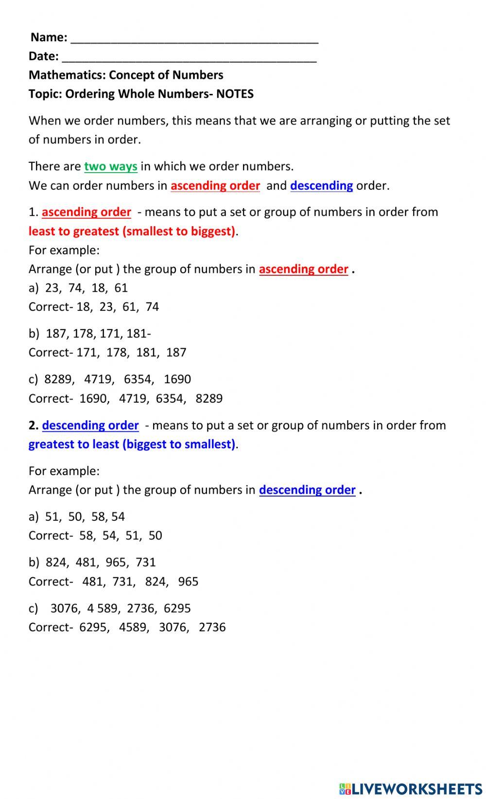 Ordering Whole Numbers- Note Taking 1427666 | Mordell