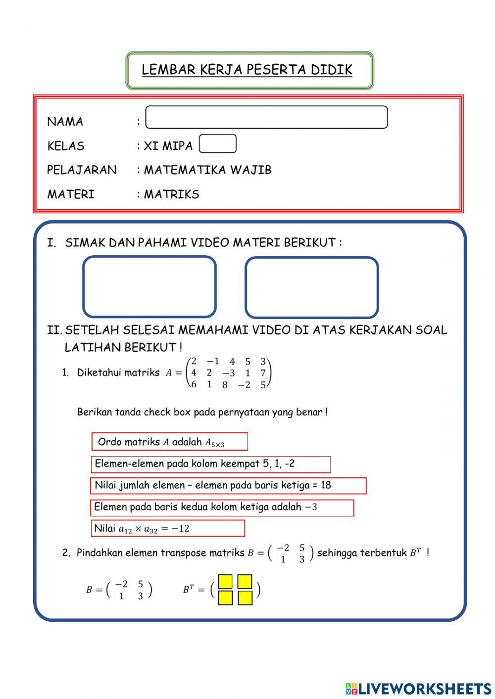 Lkpd matriks online exercise | Live Worksheets