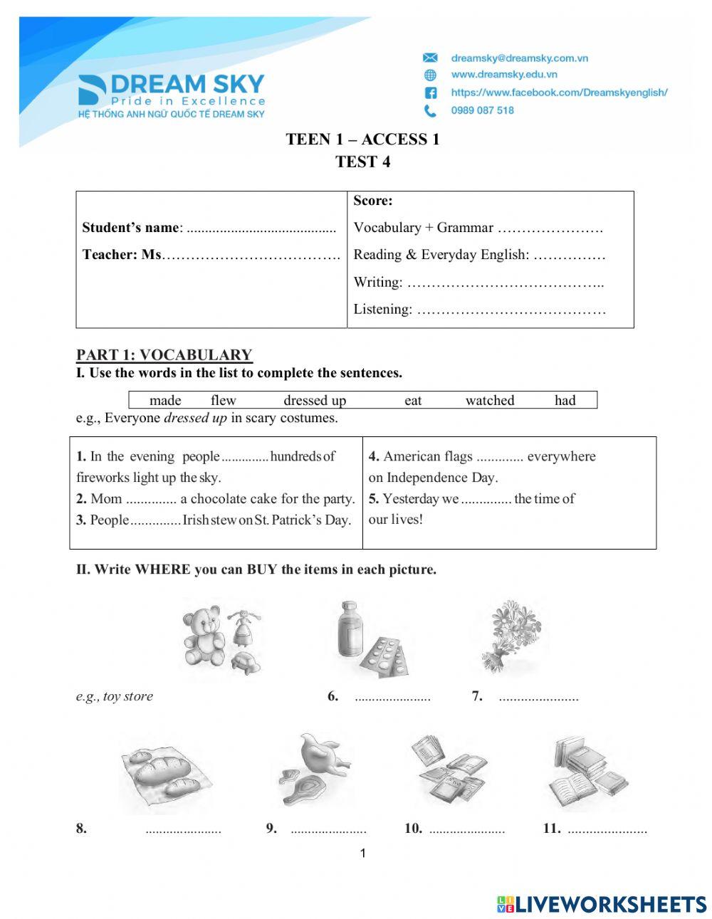 DS - Access 1 - Test 4 Vocab + Gr worksheet | Live Worksheets
