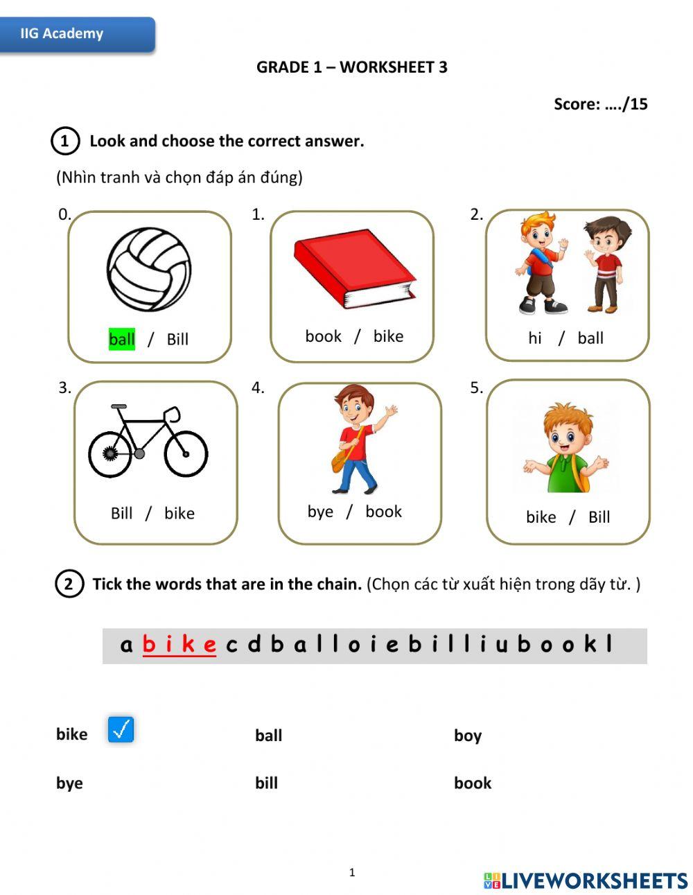 IIG-Grade 1-Worksheet 3 worksheet | Live Worksheets