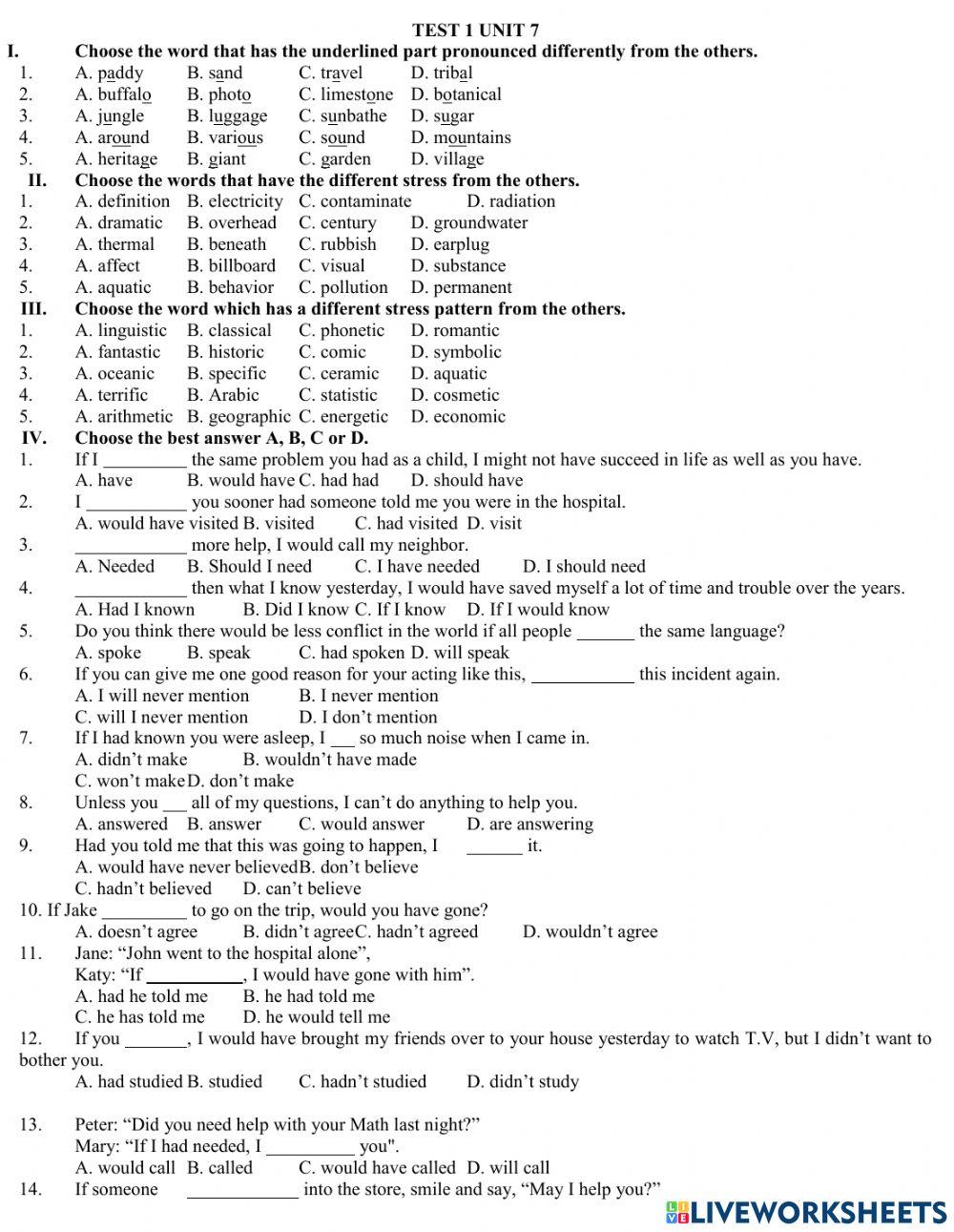 Test 2-Unit 7 worksheet | Live Worksheets