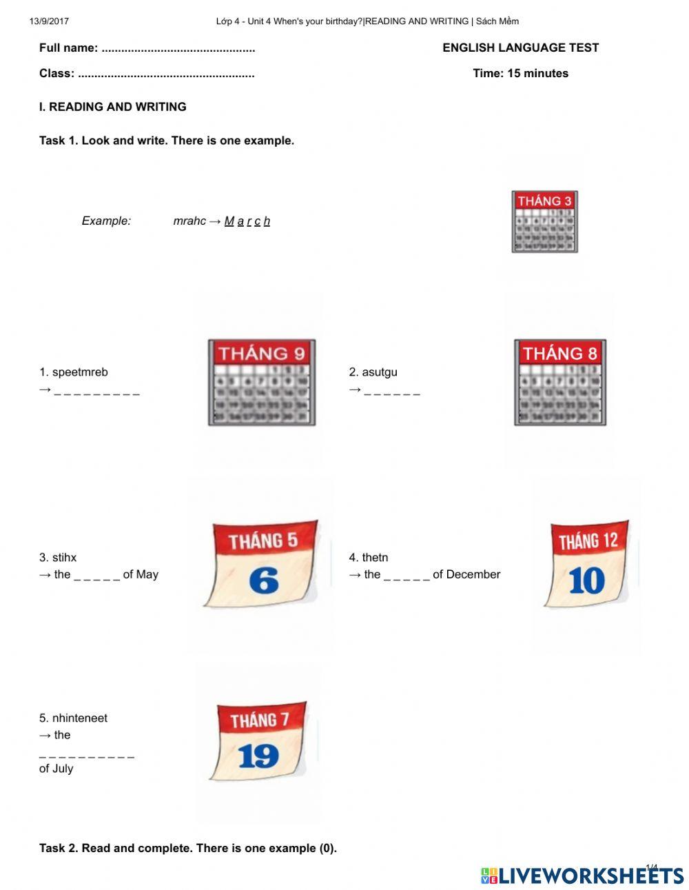 E4 Unit 4 test read worksheet | Live Worksheets