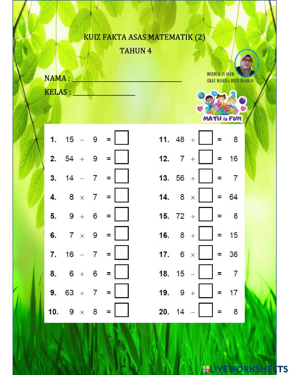 Kuiz fakta asas mt 2 - T4 worksheet | Live Worksheets