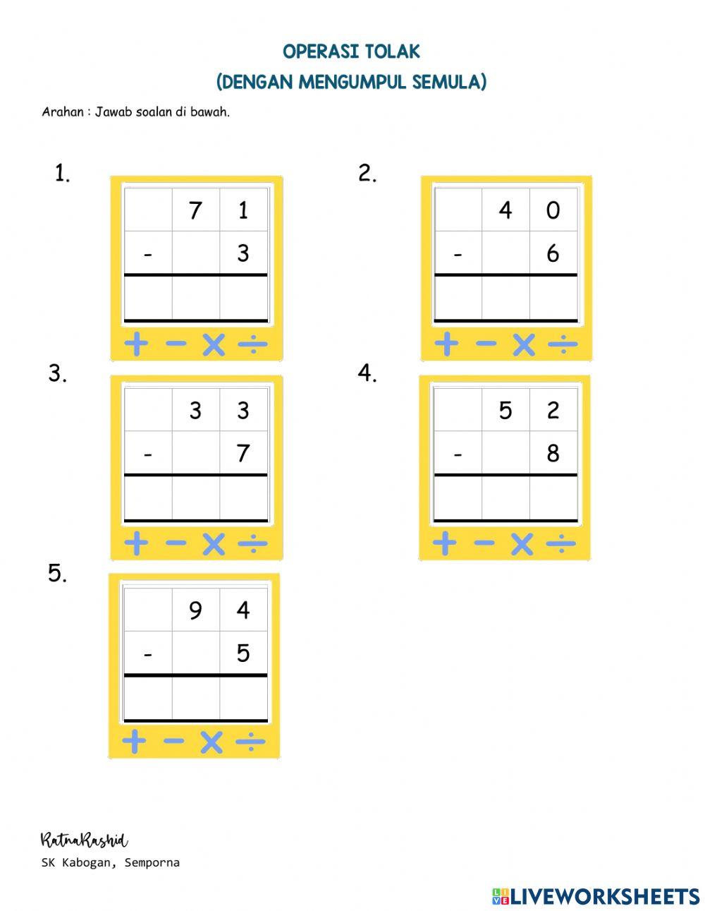 Operasi tolak dengan mengumpul semula online worksheet | Live Worksheets